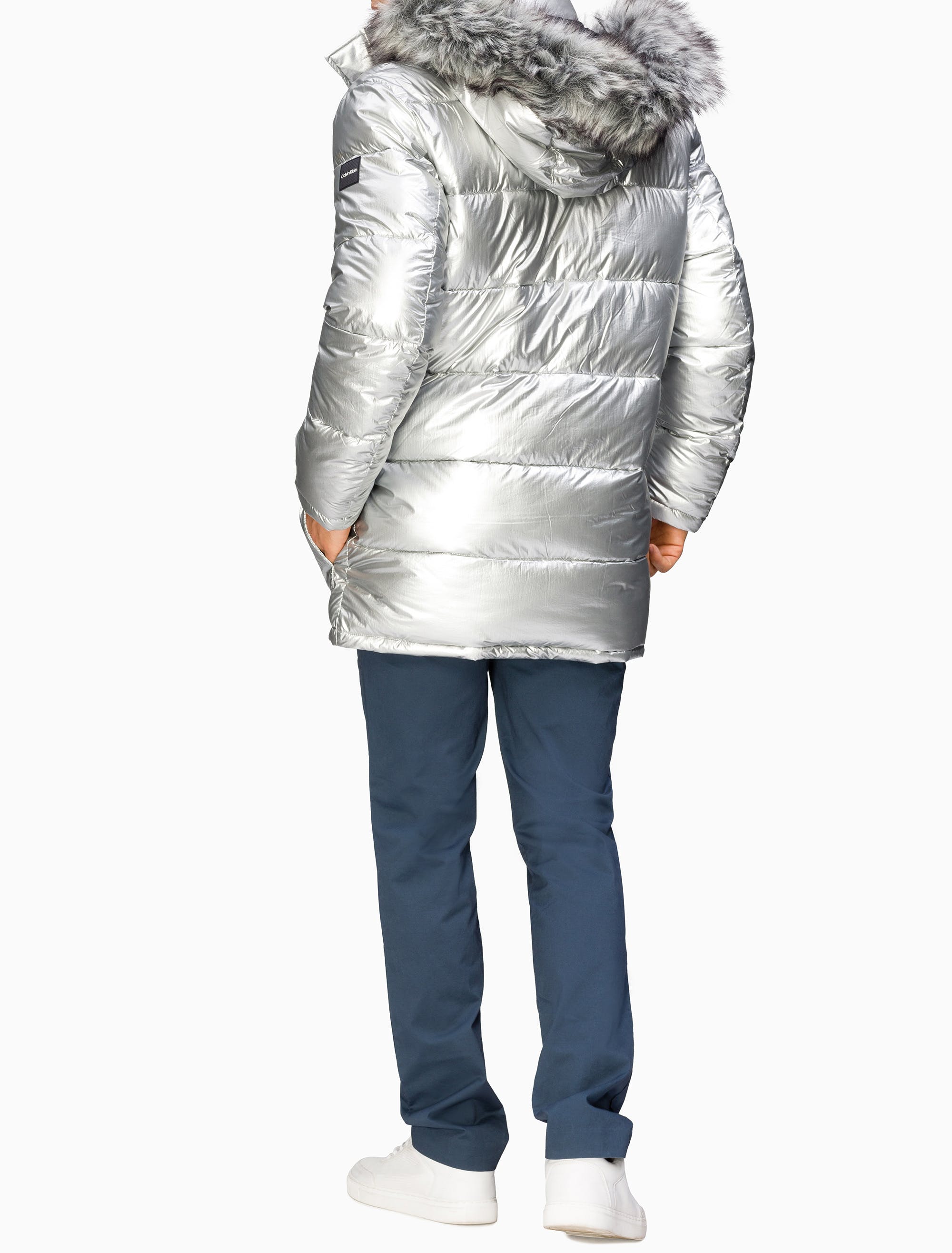 Metallic Fur Trimmed Hood Puffer Parka Jackets Outerwear Calvin Klein