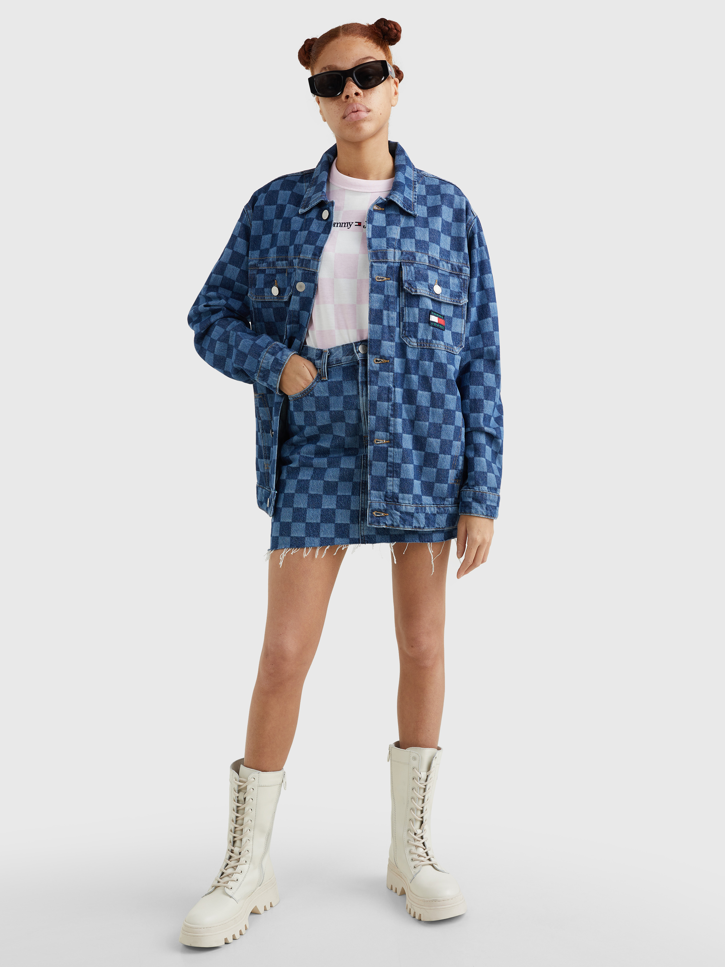 Checkerboard Oversized Denim Trucker Jacket | Coats & Jackets | Tommy Jeans